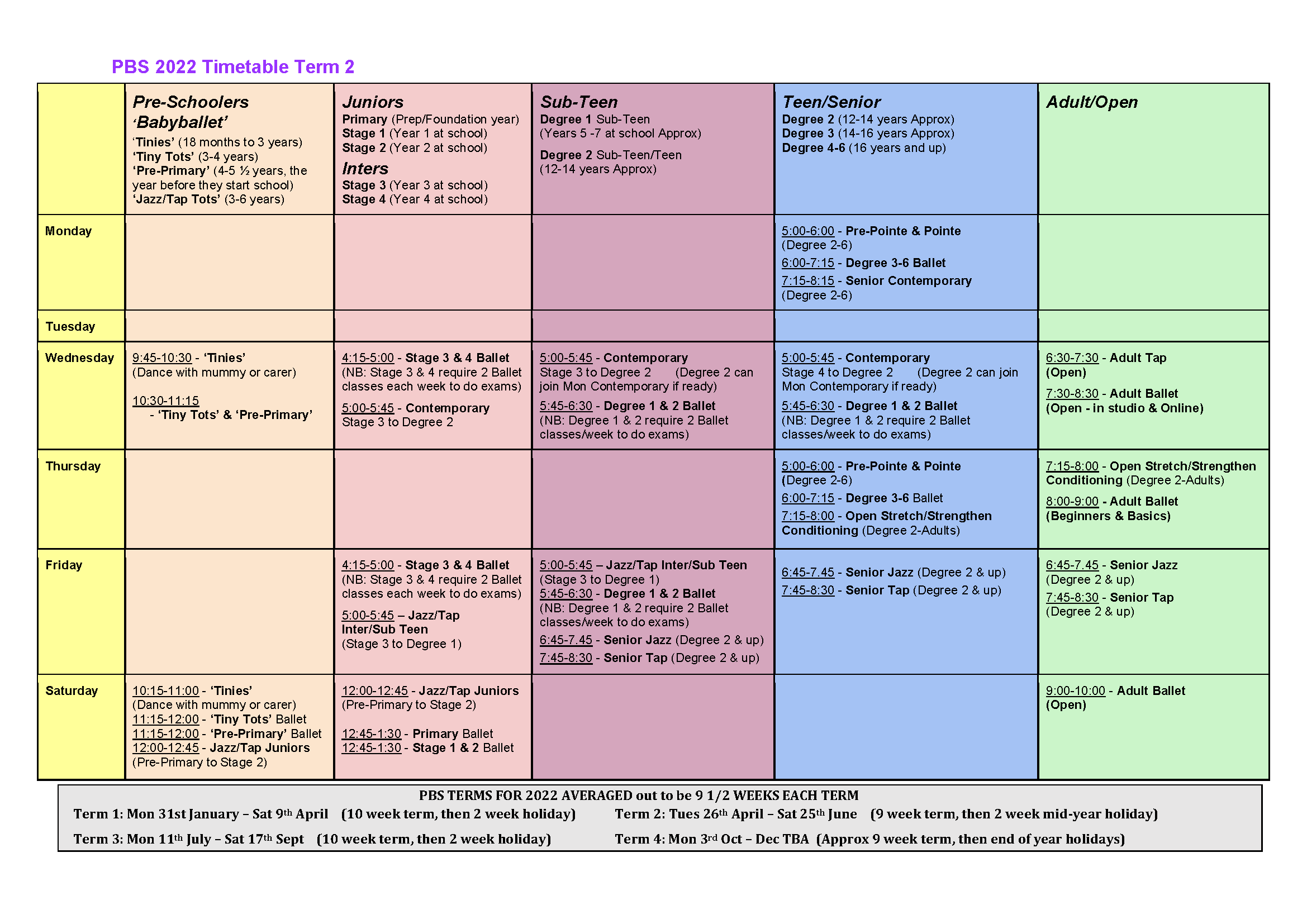 Attendance And Timetable - Peninsula Ballet School